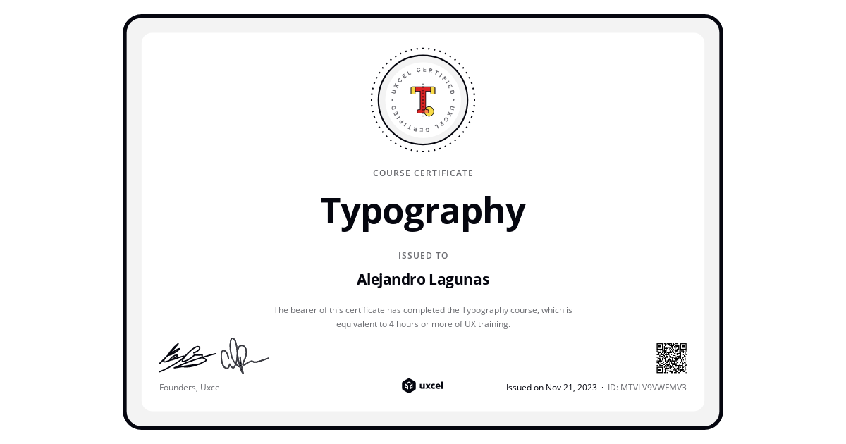 Certificate of completion for Typography | Uxcel
